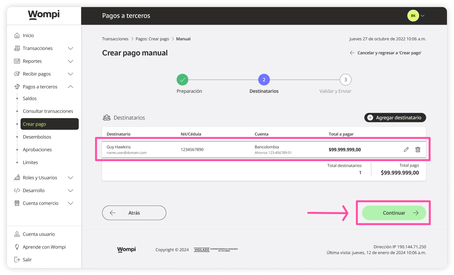 Crear pago: Manual | Wompi Docs