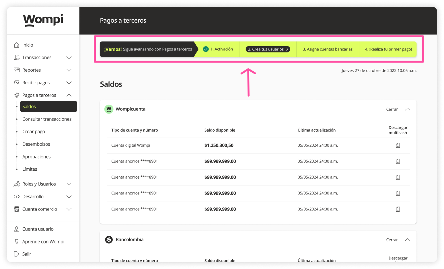 Initial setup to make your first payment | Wompi Docs