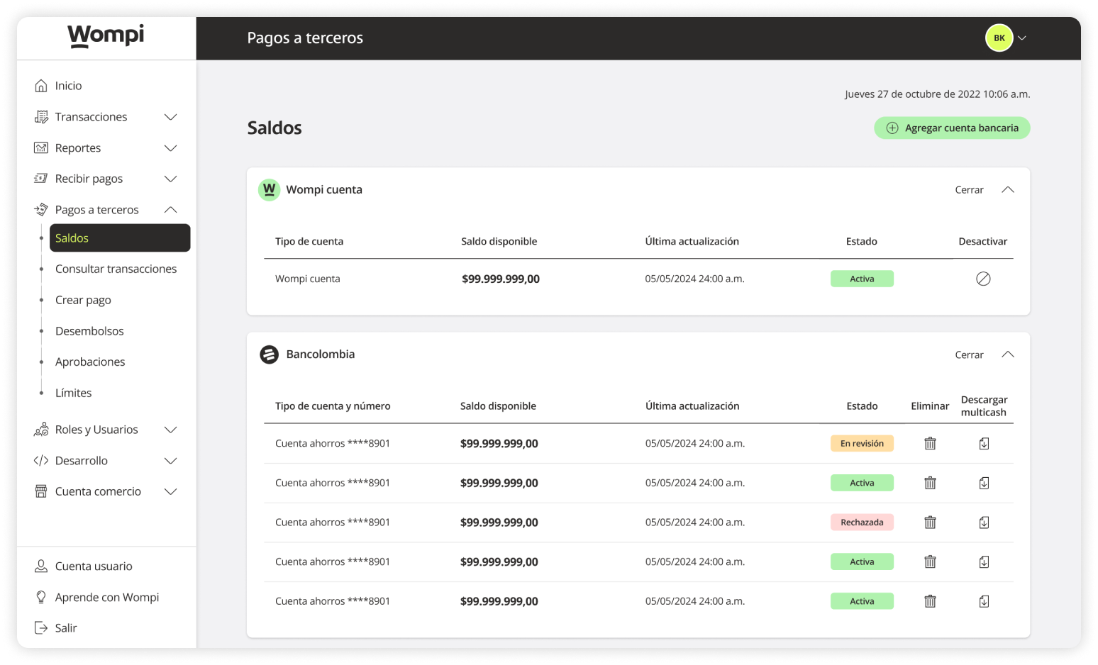 Bank accounts for payout | Wompi Docs