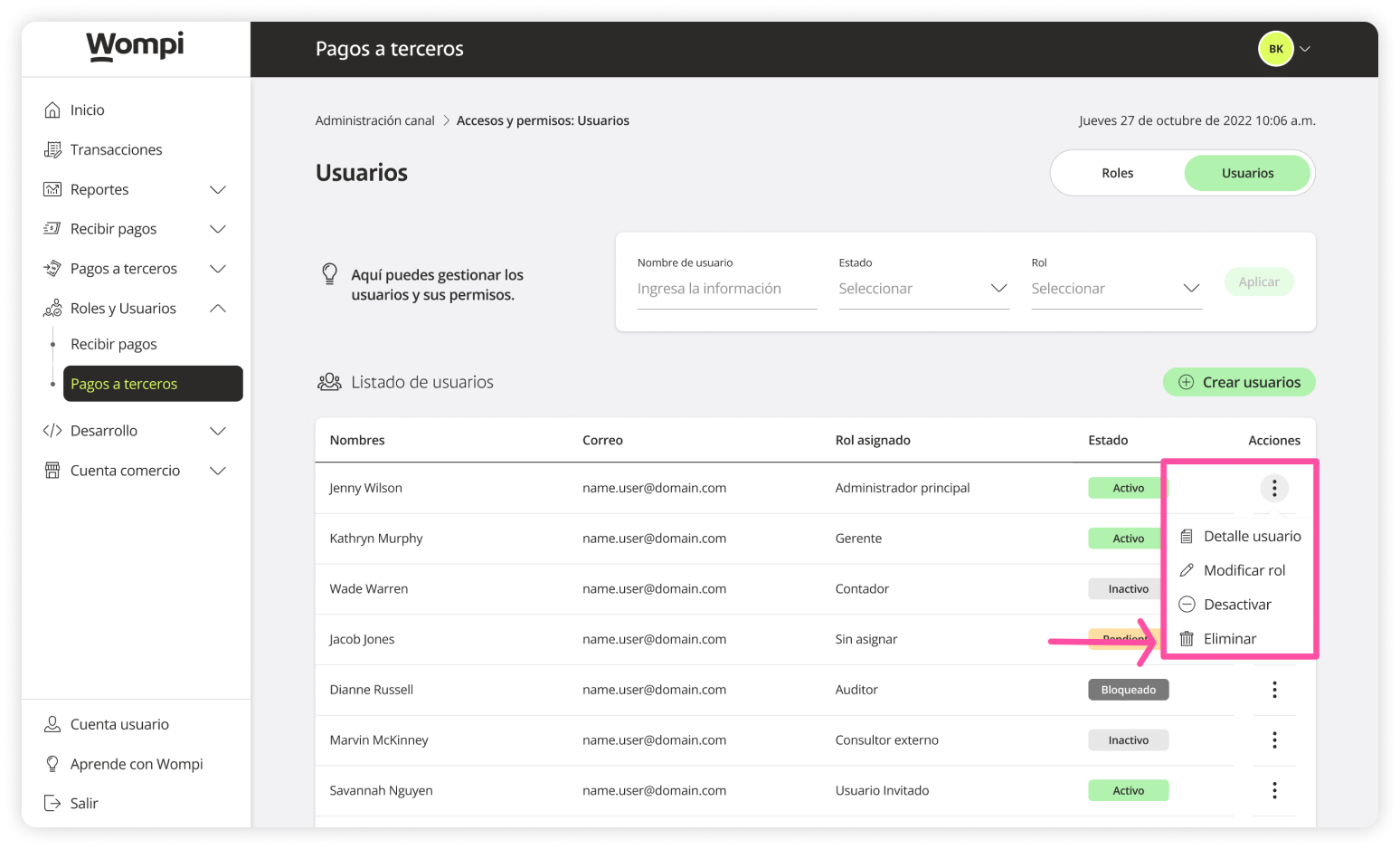 Bank accounts for payout | Wompi Docs