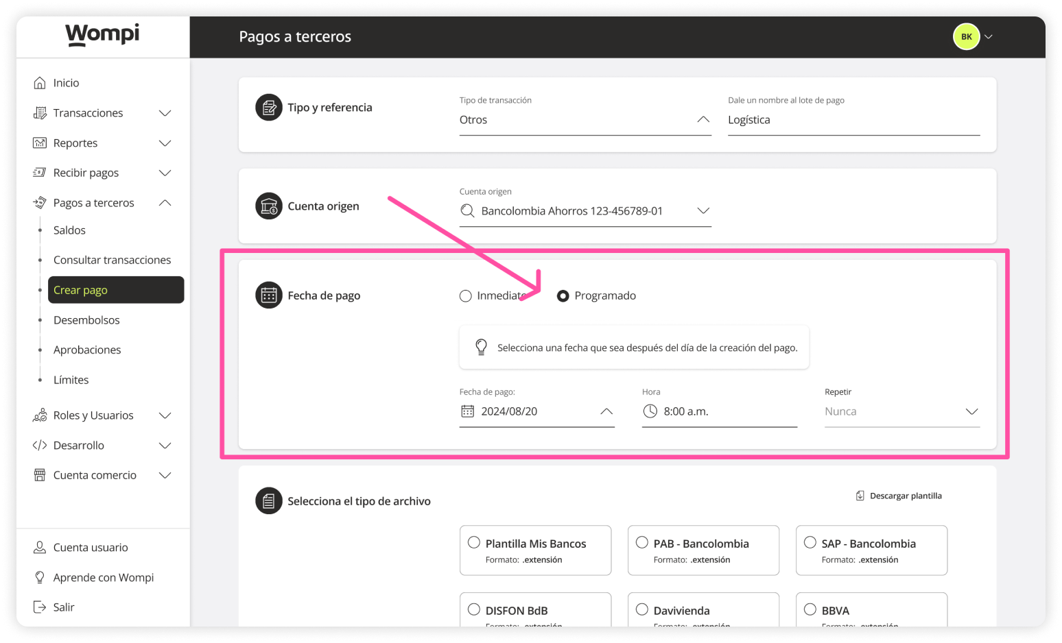 Create Payout: Via File | Wompi Docs