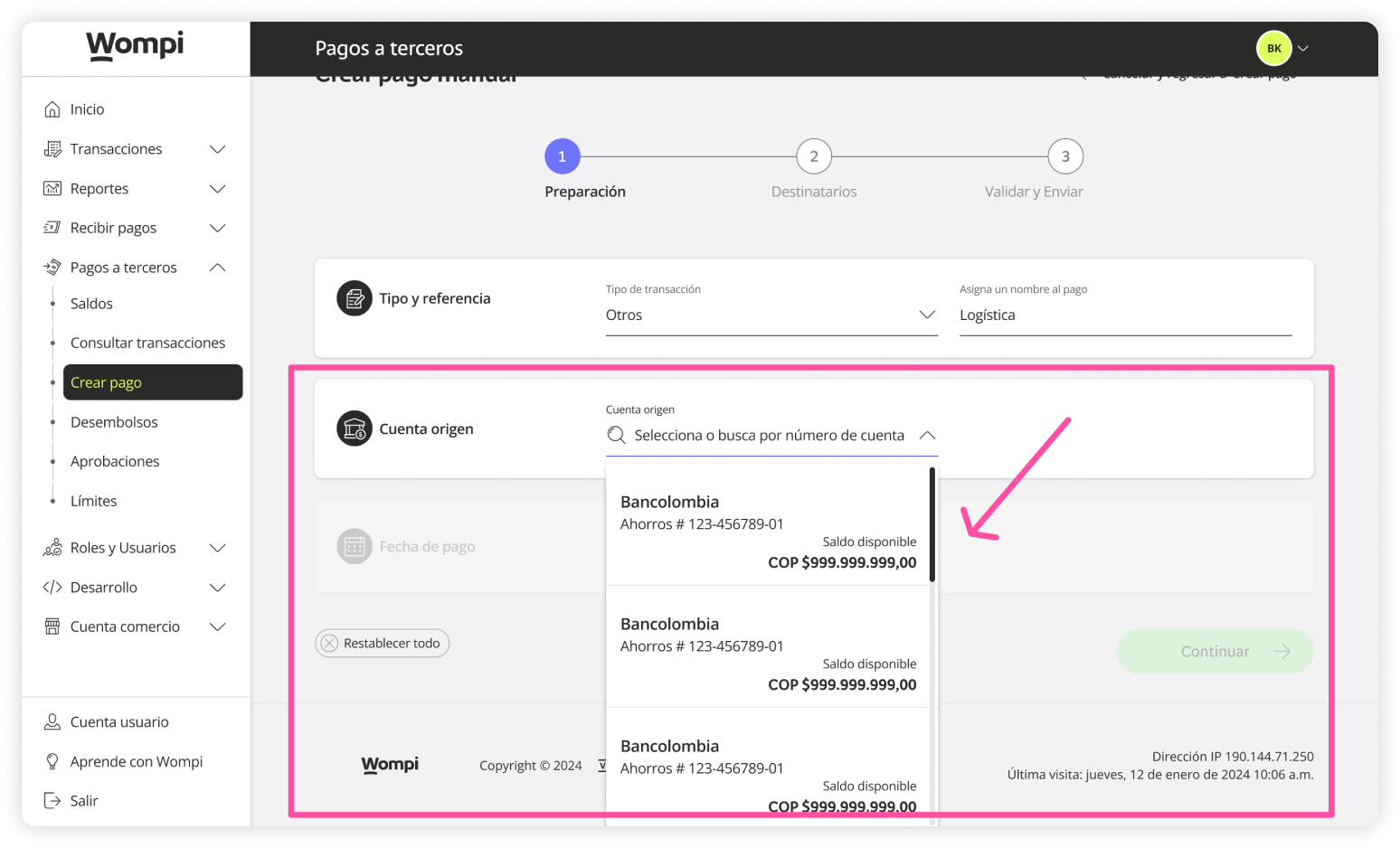 Create Payout: Manual | Wompi Docs