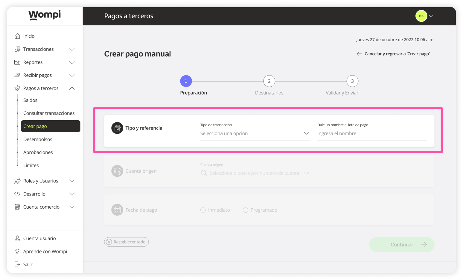 Create Payout: Manual | Wompi Docs
