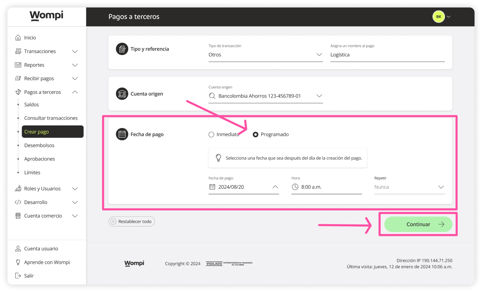 Create Payout: Manual | Wompi Docs